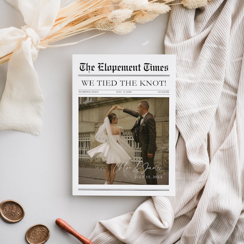 Newspaper Photo Elopement Card, Reception Party Invitation Canva ...