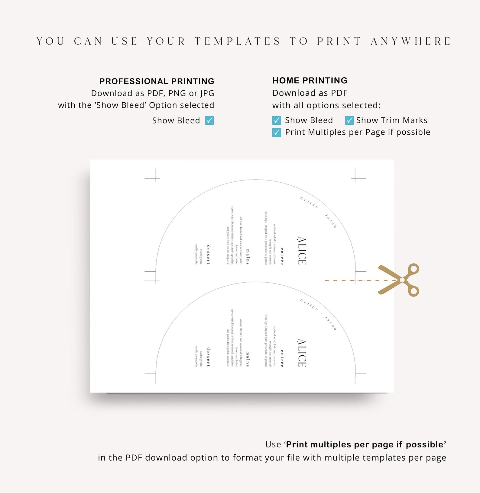 Modern Boho Half Moon Menu Template & Place Card Template Set, Half ...