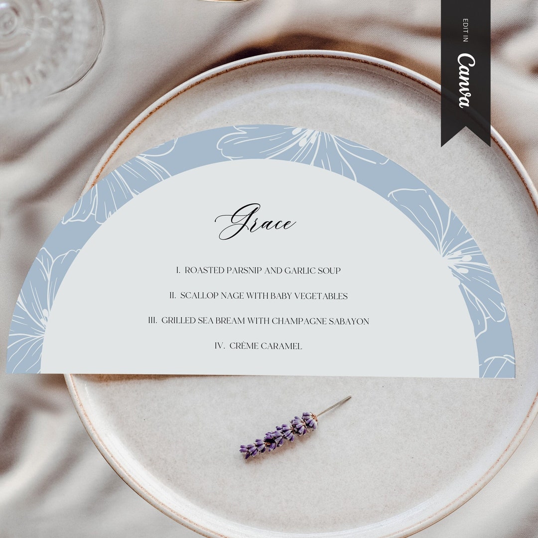 French Blue Half Circle Menu Template, Canva Printable, Floral Half ...