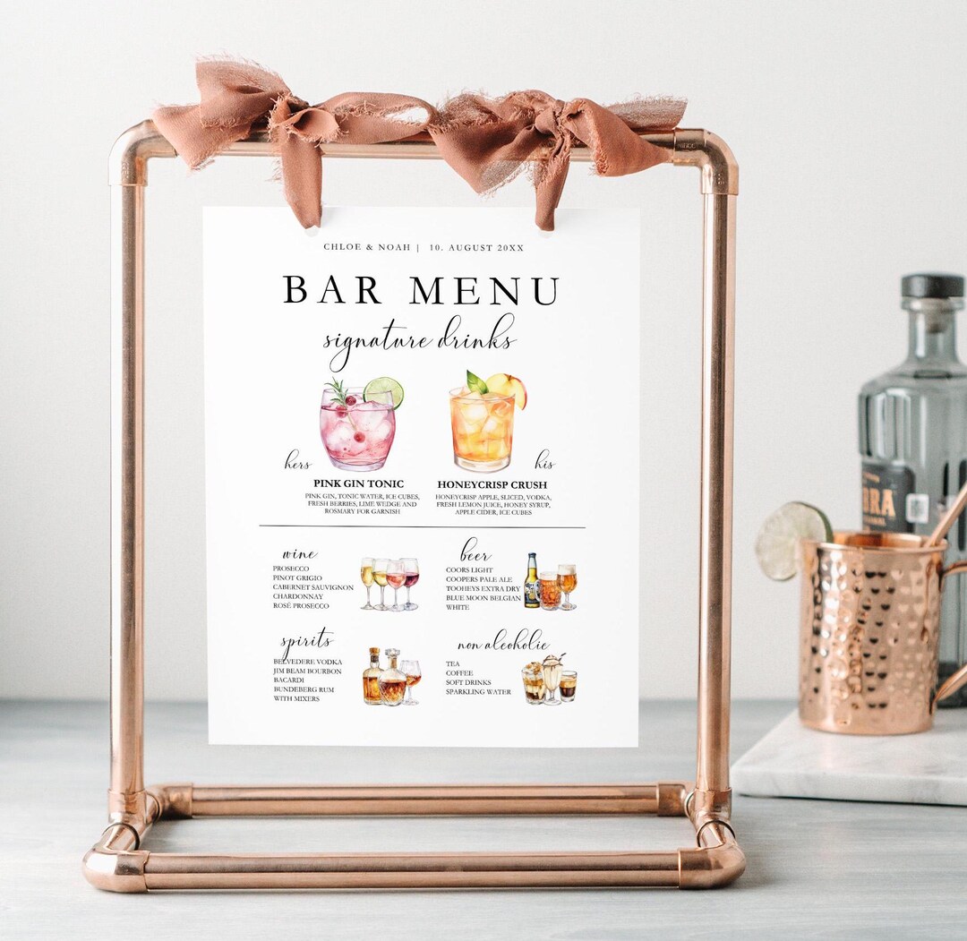 Elegant Wedding Bar Menu Sign Template, His and Hers Signature Drinks ...