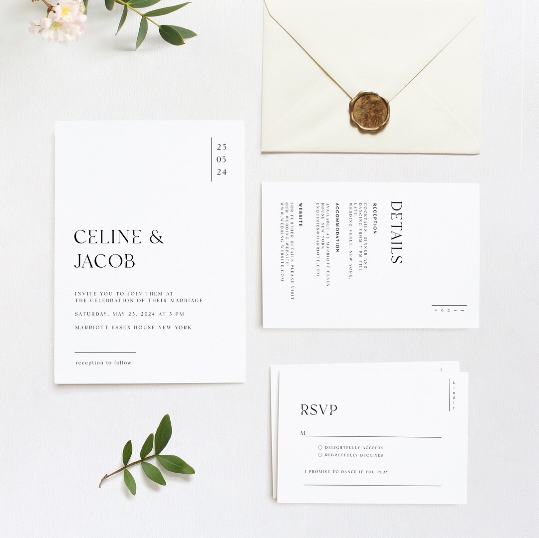 Minimalist Wedding Invitation Set Template, Canva Modern Invite Suite ...