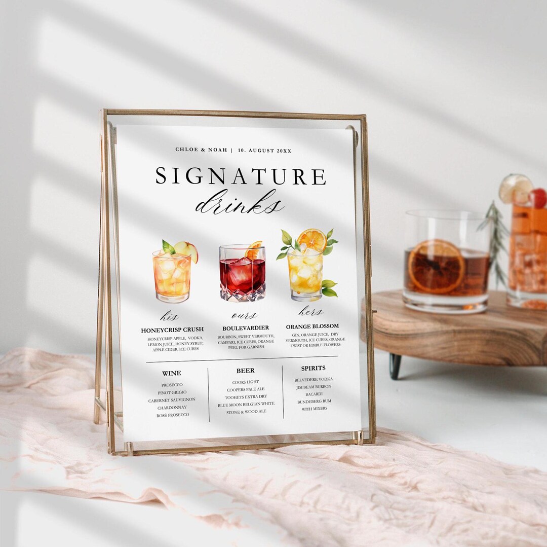 Cocktail Menu Sign Template, Wedding Bar Menu, His and Hers Signature ...