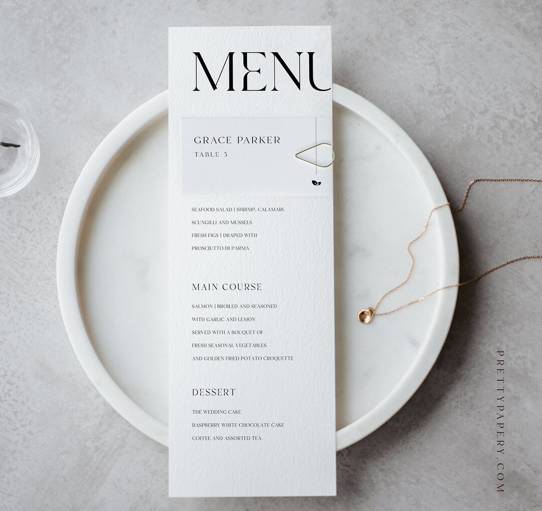 Minimal Menu & Place Card Template Set, Canva Wedding Menu Template ...