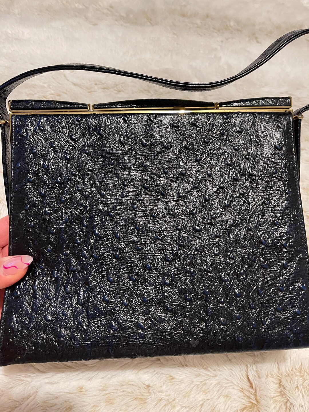 Vintage Navy Ostrich Lift Class Closure Purse Circle 60s Gold-tone ...