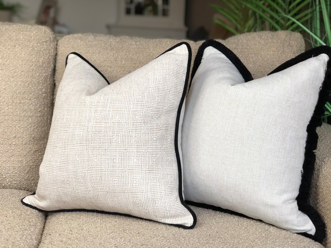 Natural Geometric Cushion Cover With Black Piped Edge - Luxury Pillow ...