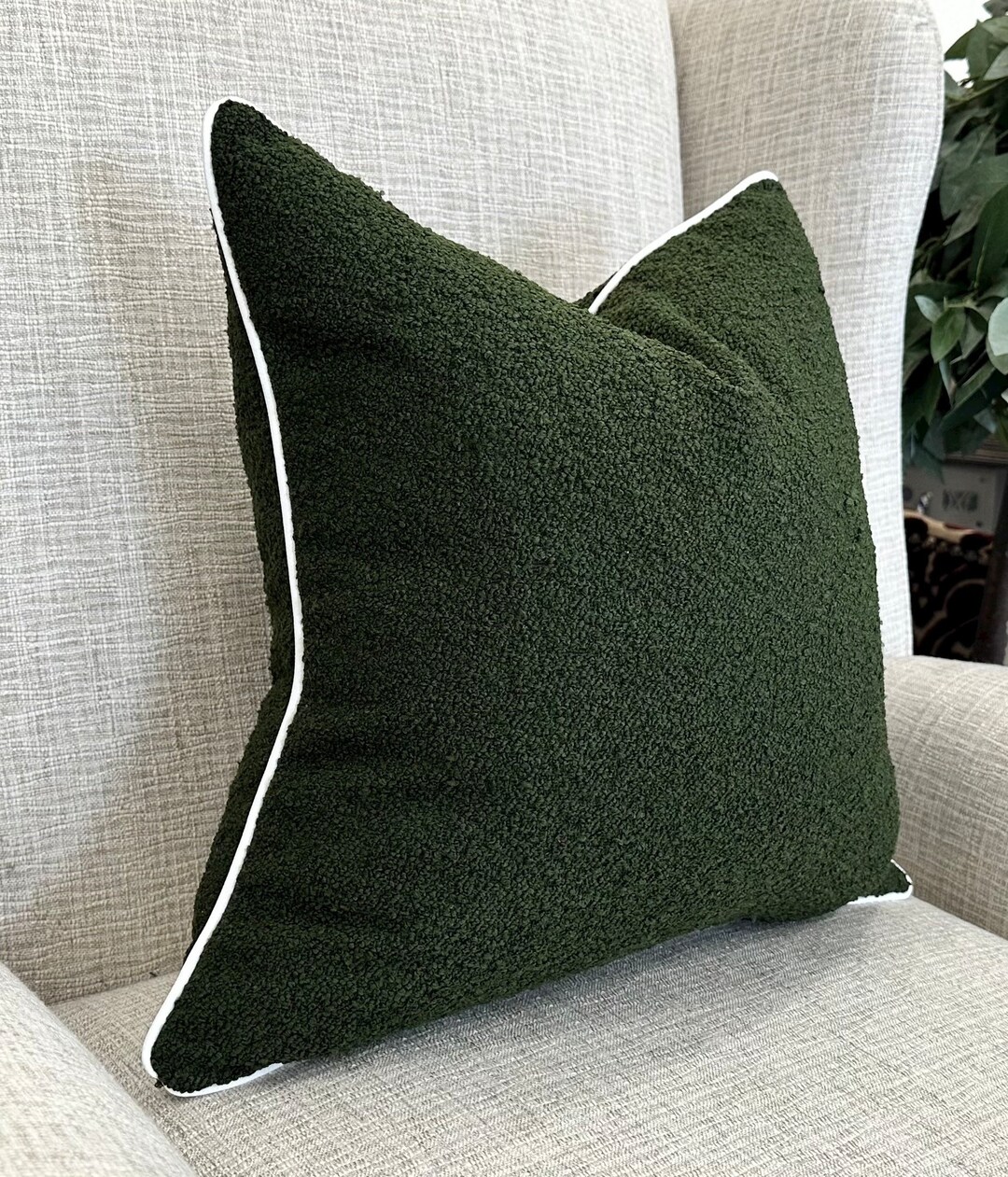 Dark Green Boucle Cushion Cover With White Piping. Luxury Textured ...