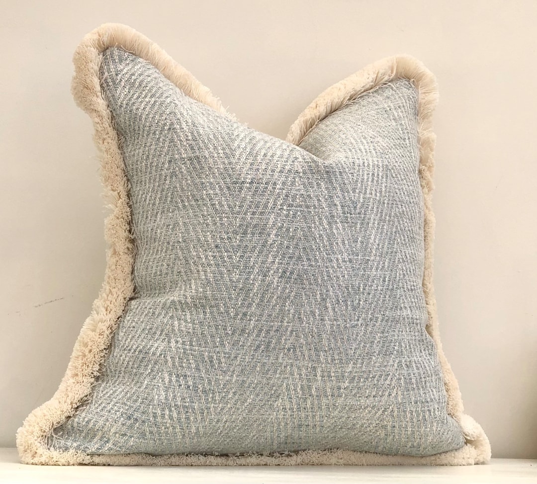 Sea Glass Blue Herringbone Cushion Cover | Luxury Pillows With Fringe ...