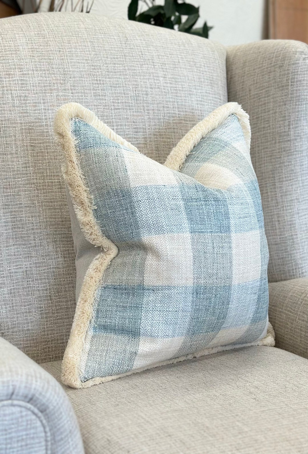 Luxury Seaglass Blue Check Cushion Cover With Cream Fringe Trim ...