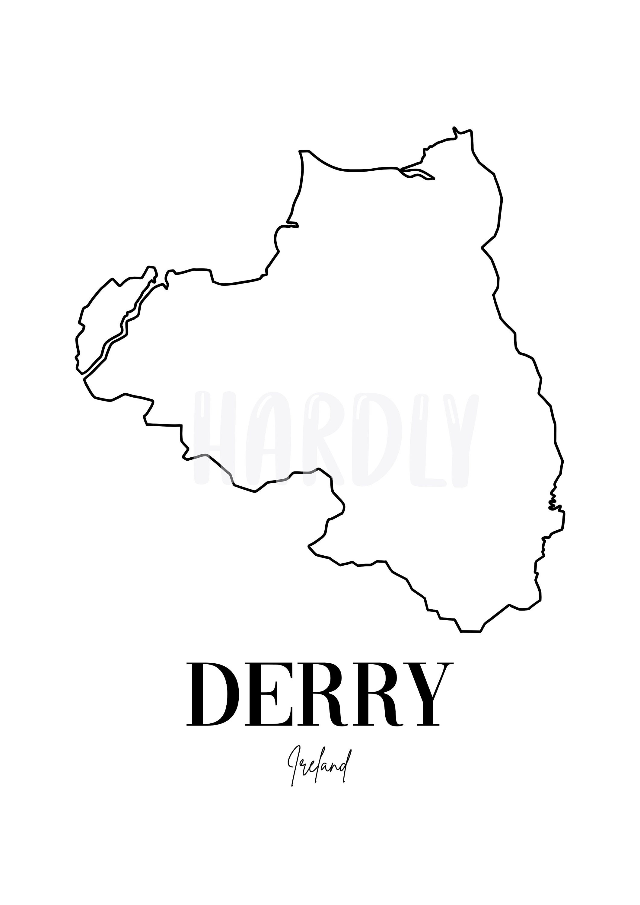 County Derry Doire Map Print Minimalist Gift Art Illustration Drawing ...