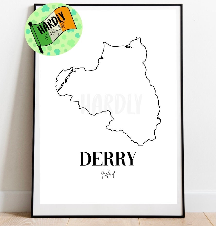 County Derry Doire Map Print Minimalist Gift Art Illustration Drawing ...