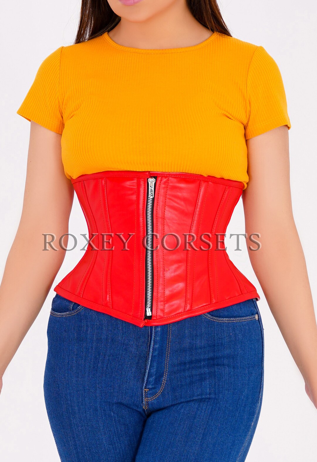 Genuine Sheep Leather Underbust Waist Trainer Zipper Waspie Steel Boned ...