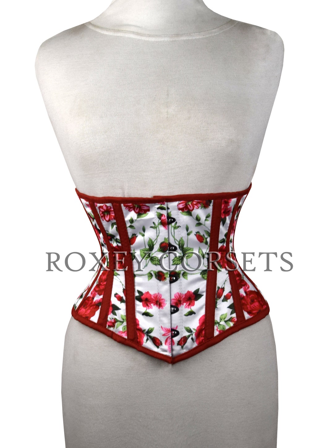 Heavy Duty Underbust Waspie Waist Trainer Steel Boned Satin Corset Red & White Flower Corset ...