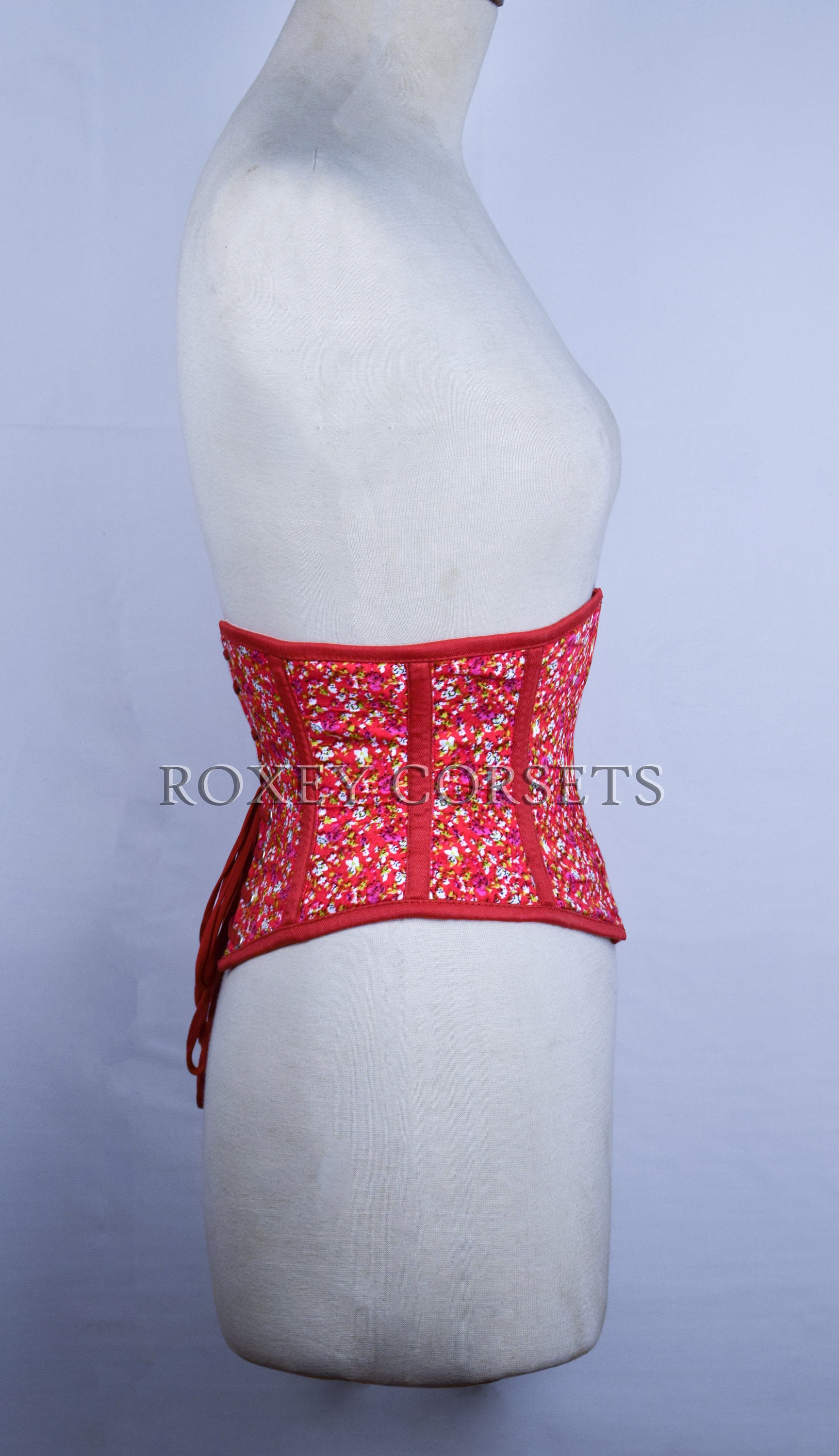 Floral Red Waspie Corset , Waist Cincher Steel Boned Floral Cotton Women's Underbust Corset ...