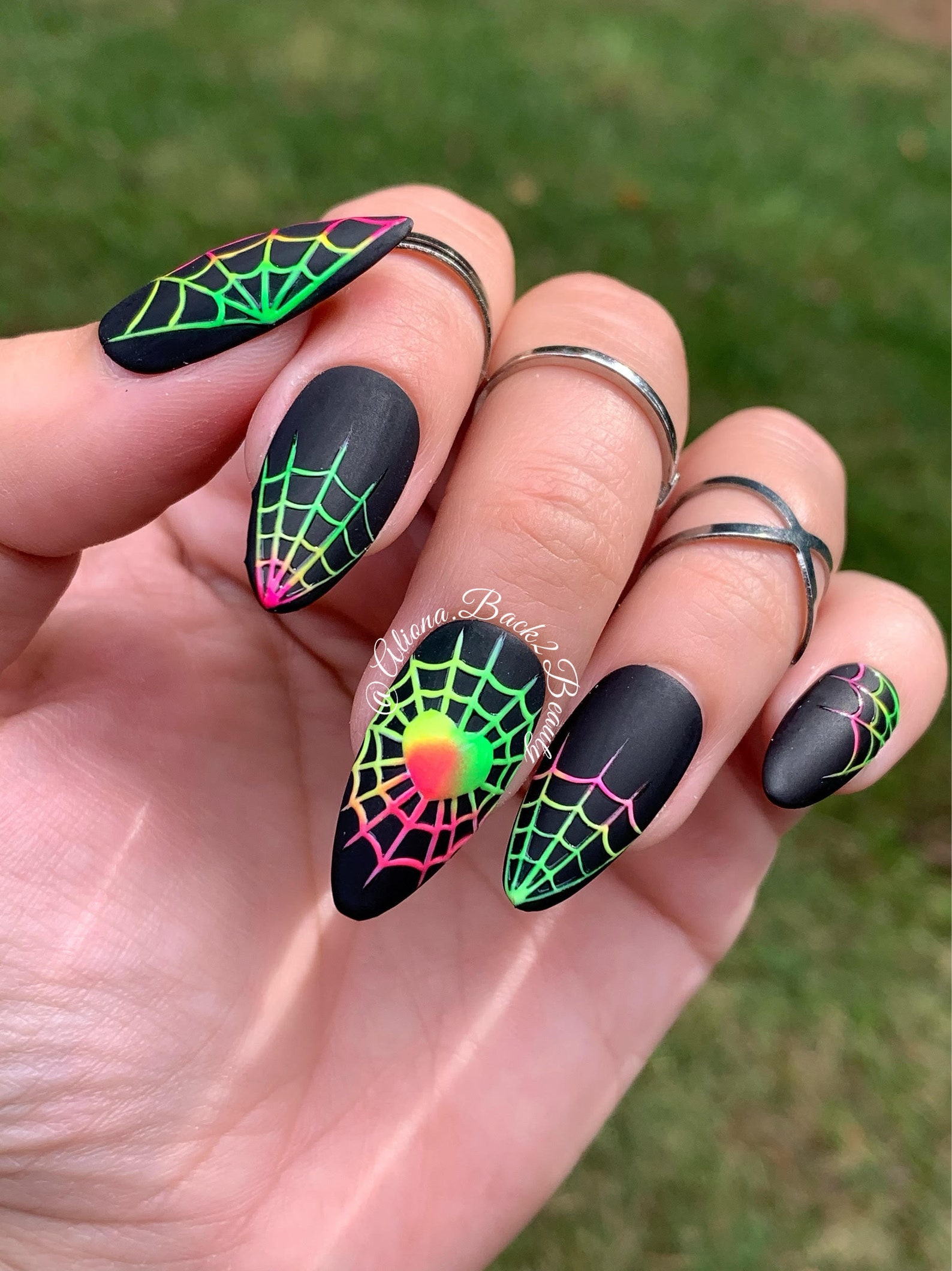 Handpainted Neon Spider Webs Nails/ Matte Black Nails/glow in - Etsy