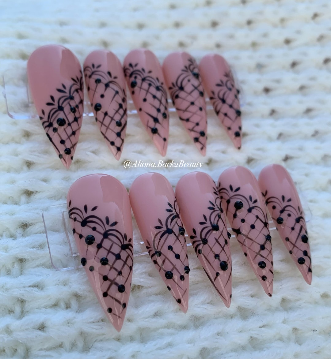 Handpainted Distressed Lace Nails / Elegant Nails/ Nude and Black Nails ...