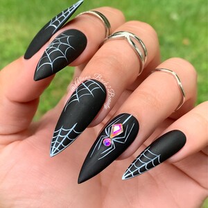 Bling Spider Halloween Nails/ Matte Black Nails/ Handpainted White ...