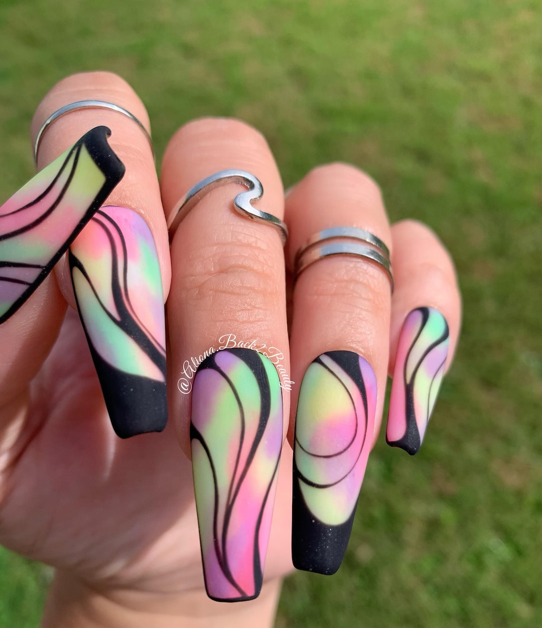 Abstract Neon Tie Dye Nails/ Black Swirls Press on Nails/ Handmade ...