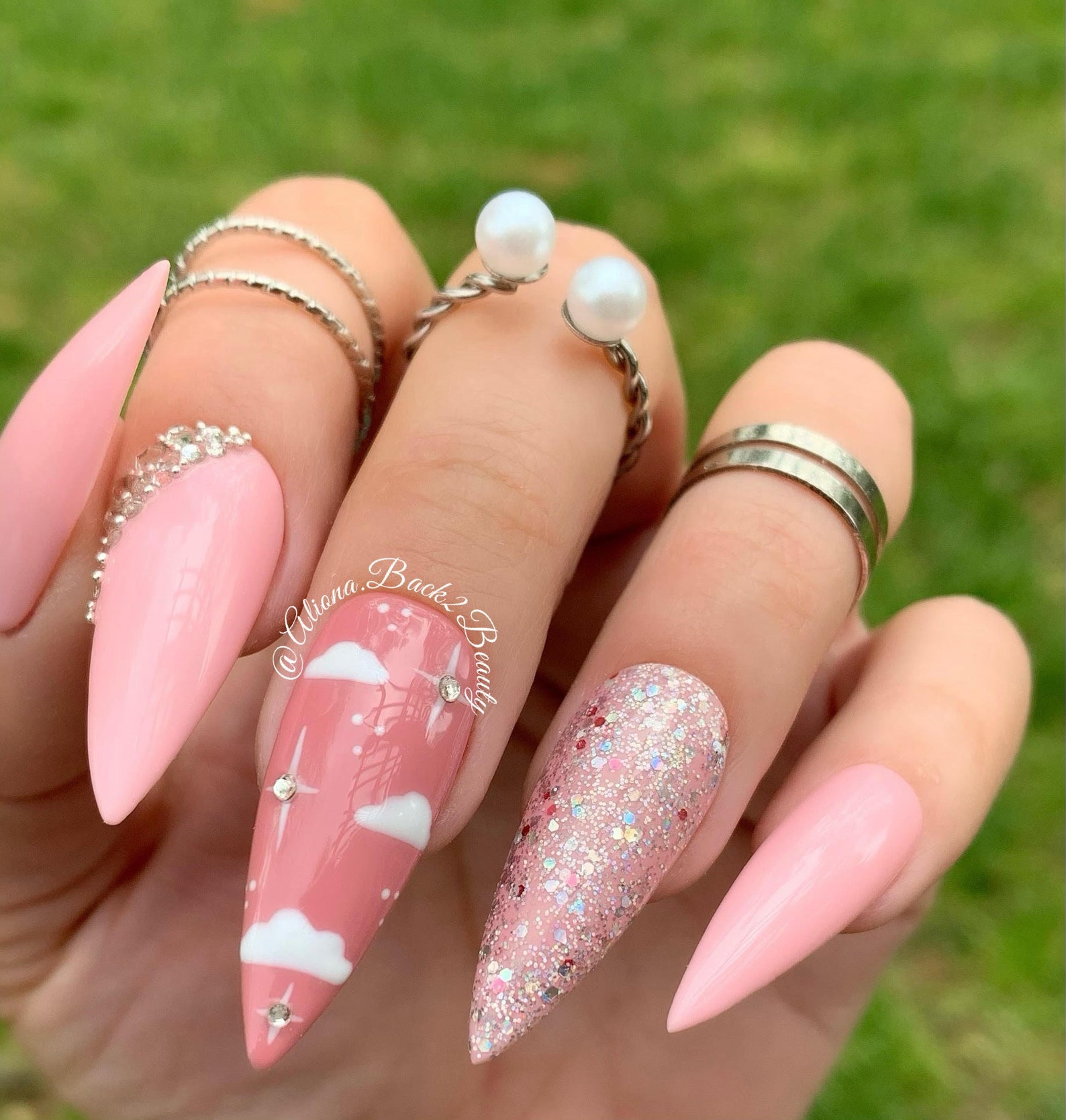 Pink Press on Nails With Bling Accents/clouds Press on Nails ...