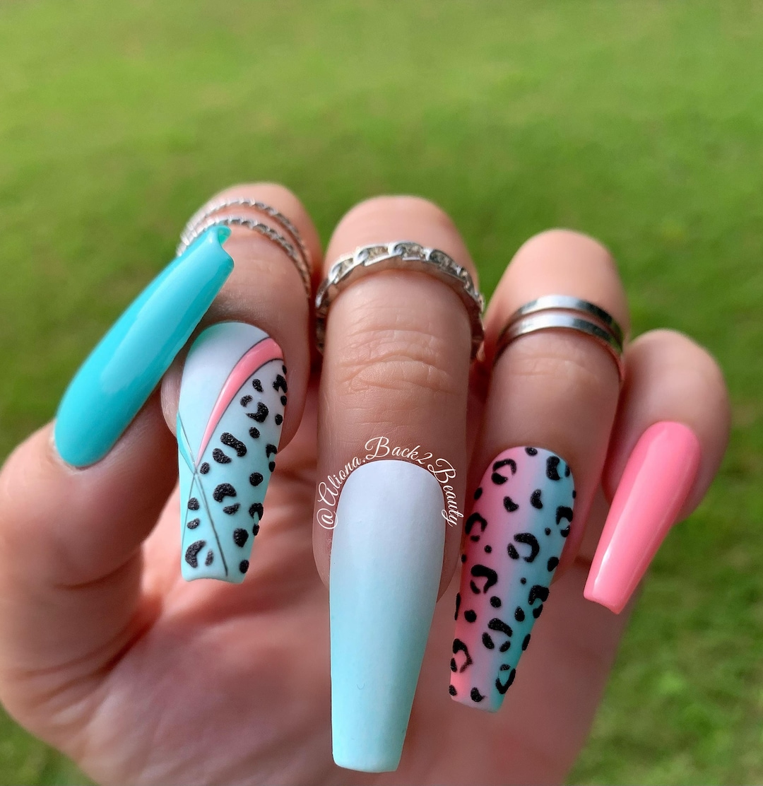 Textured Cheetah Nails/ Pink and Turquoise Summer Press on Nails ...
