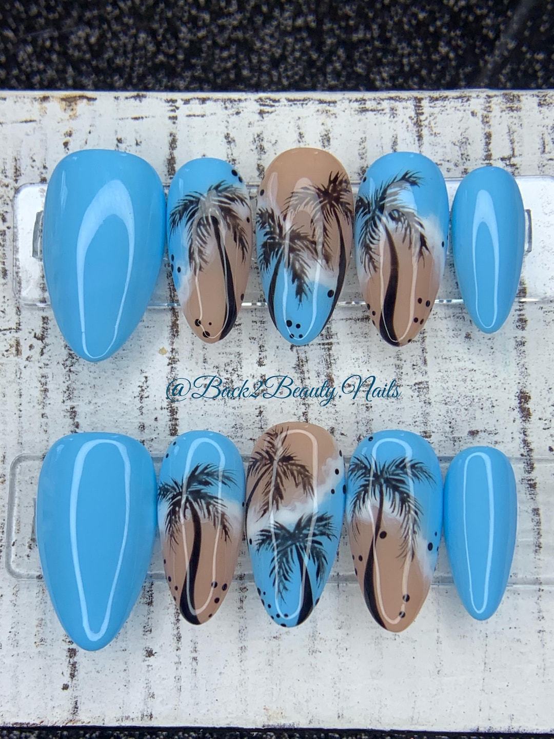 Blue Palm Trees Nails/ Reusable Fake Nails/ Vacation Nails/ "sand ...