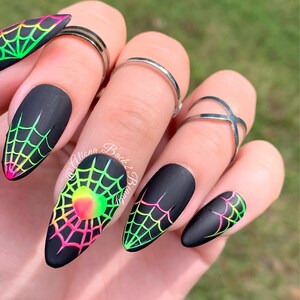 Handpainted Neon Spider Webs Nails/ Matte Black Nails/glow in the Dark ...