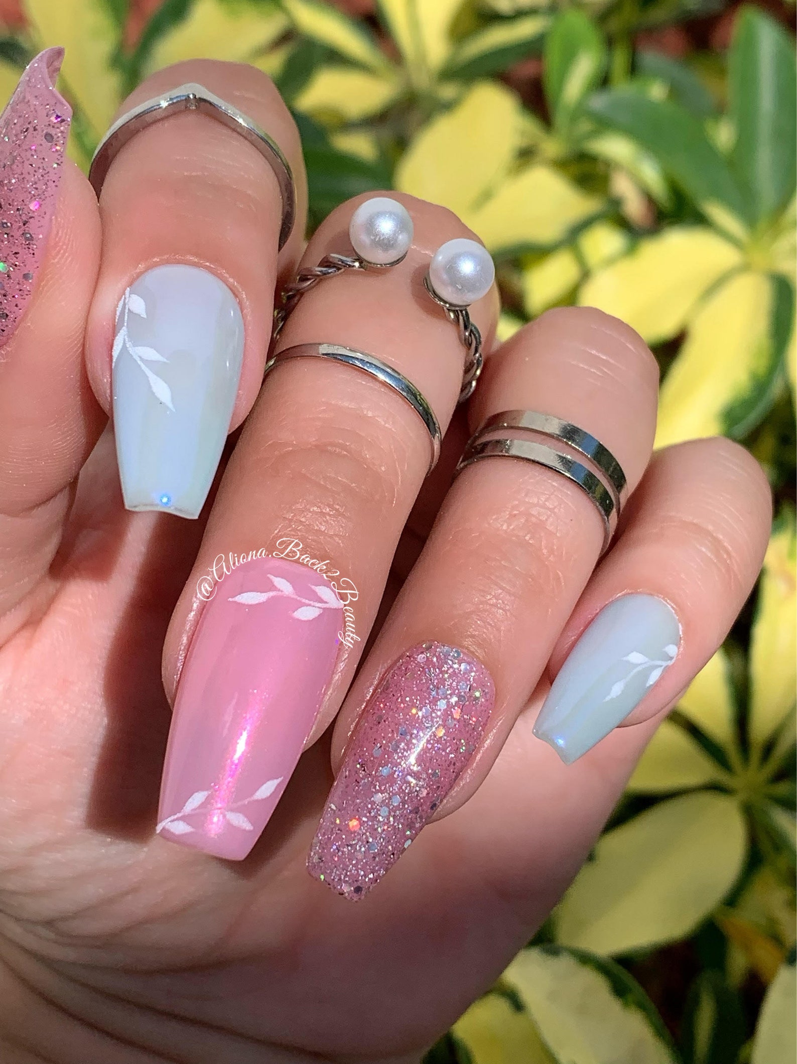 Textured Floral Nails/ Pink and Blue Press on Nails/ Handcrafted Chrome ...