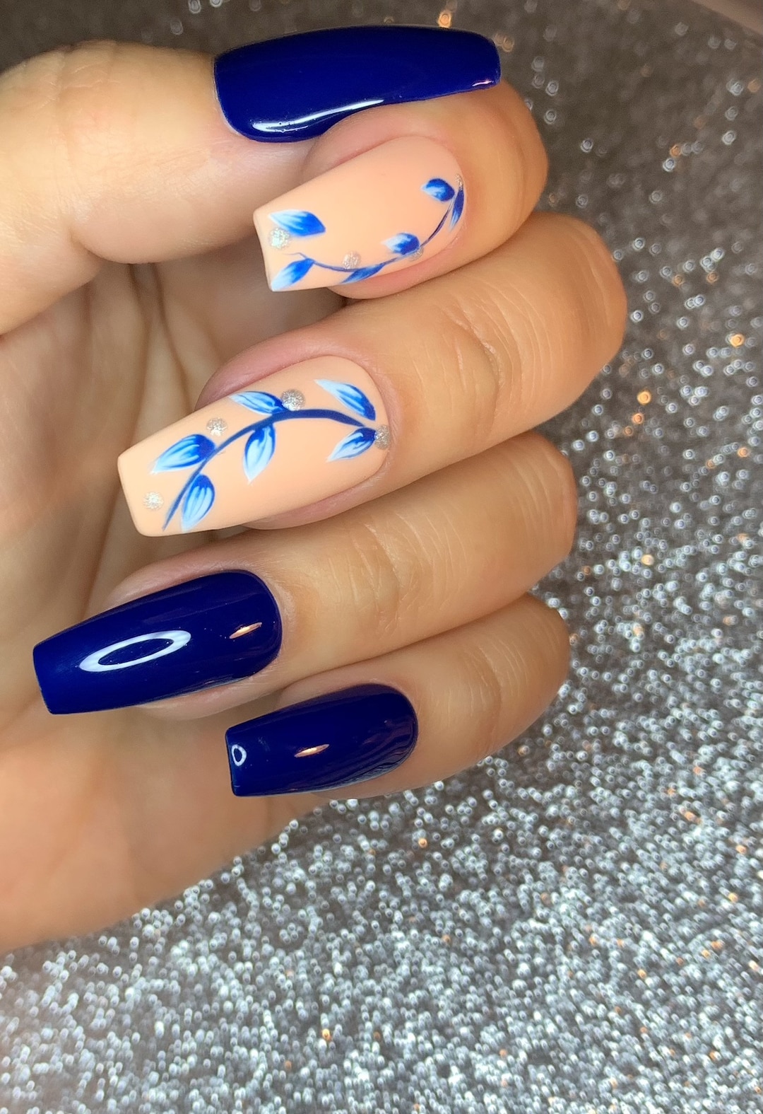 Blue Floral Press on Nails/handmade/fake Nails/glue on Nails/false ...
