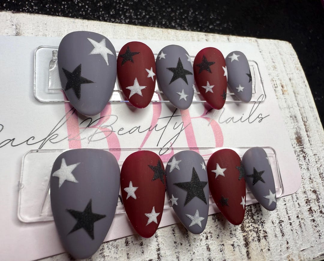 Rockstar Rebel Press-on Nail Set | Matte Burgundy & Gray | Textured ...