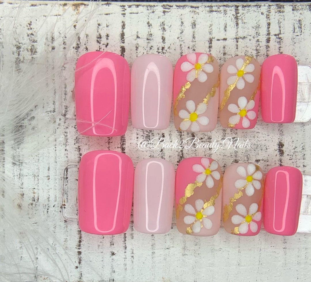 Pink Spring Press on Nails With Textured Floral Accents/ Handmade ...