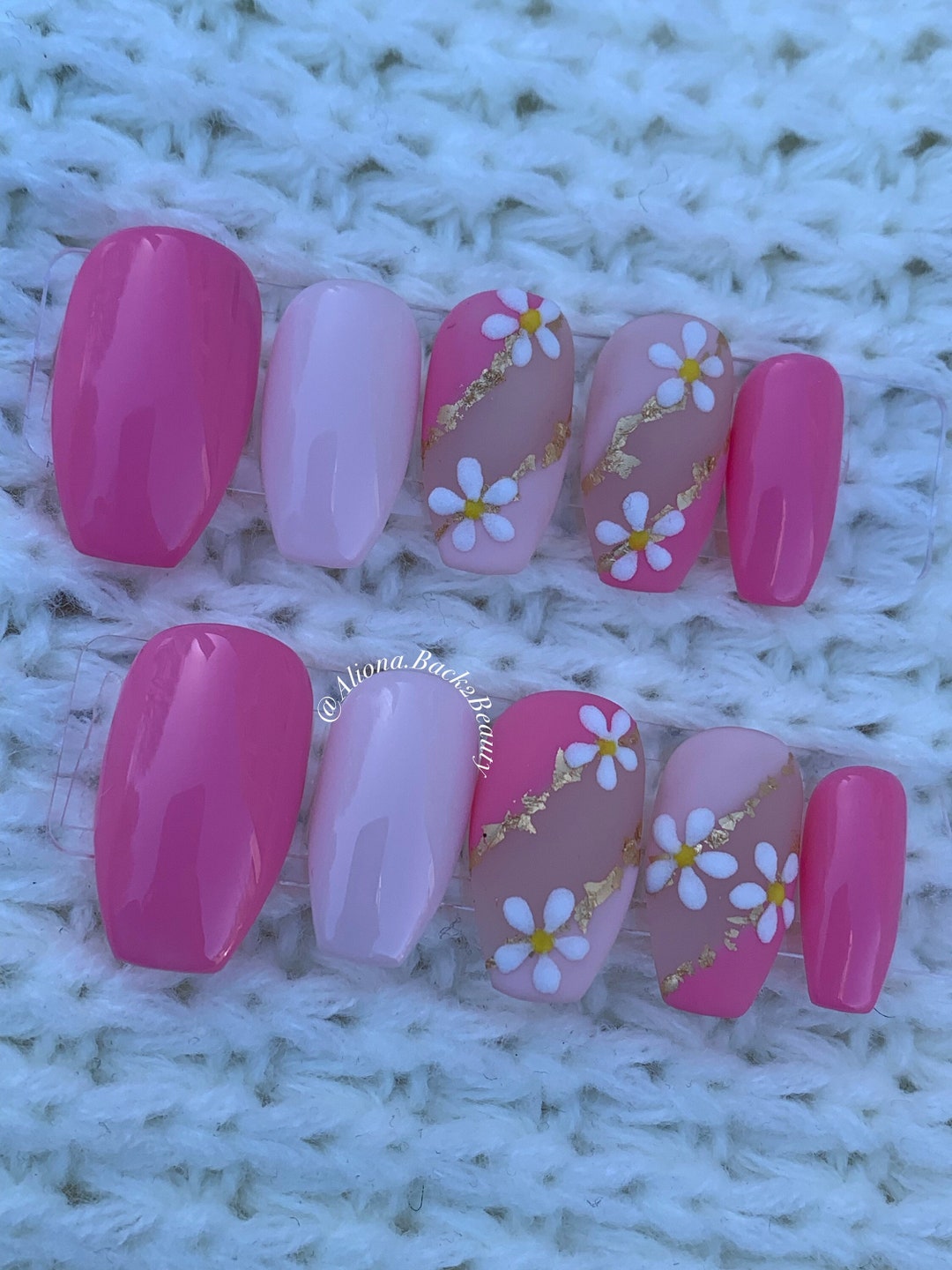 Pink Spring Press on Nails With Textured Floral Accents/ Elegant Nails ...