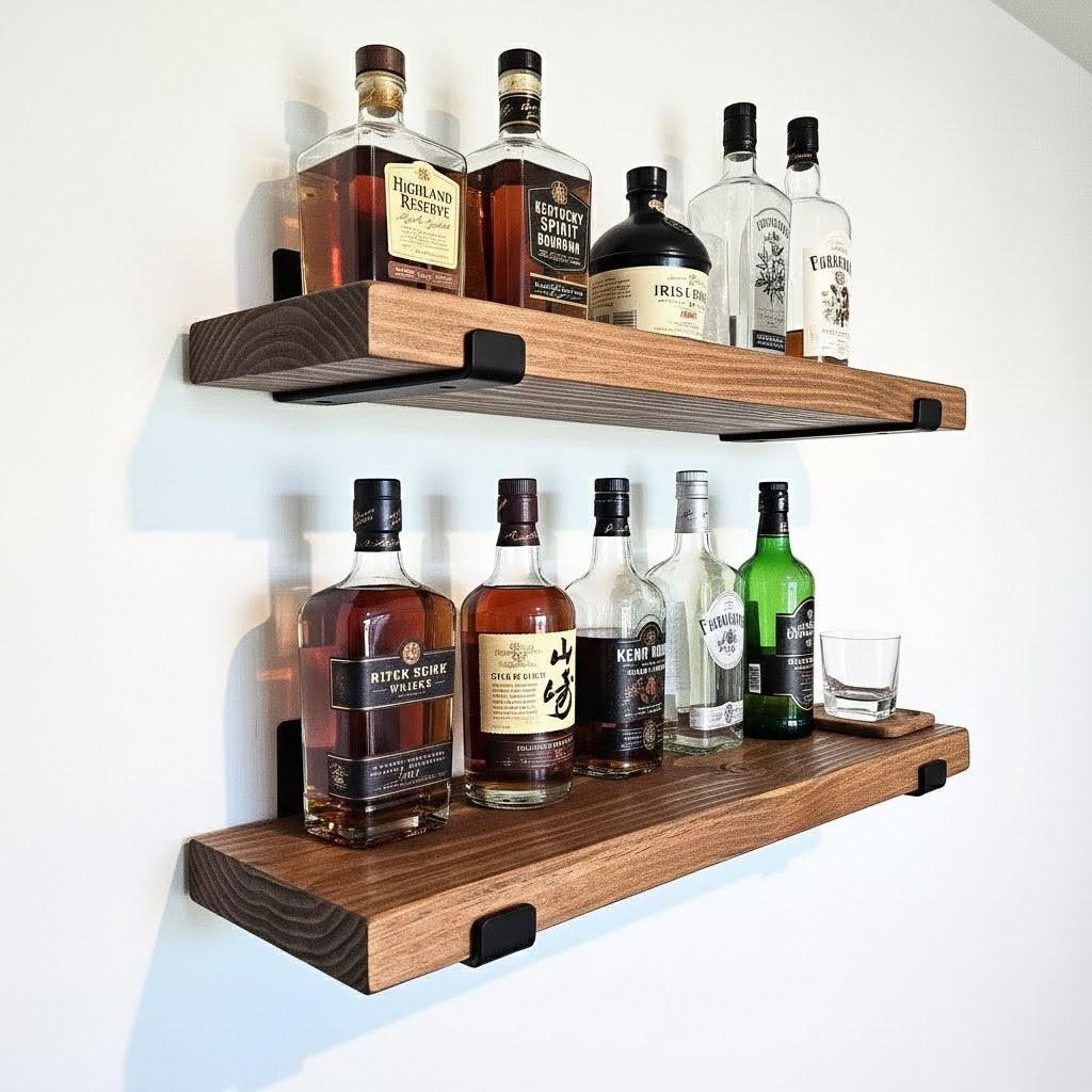 SET OF 2 Home Bar Floating Shelves – Solid Wood Liquor & Whiskey ...