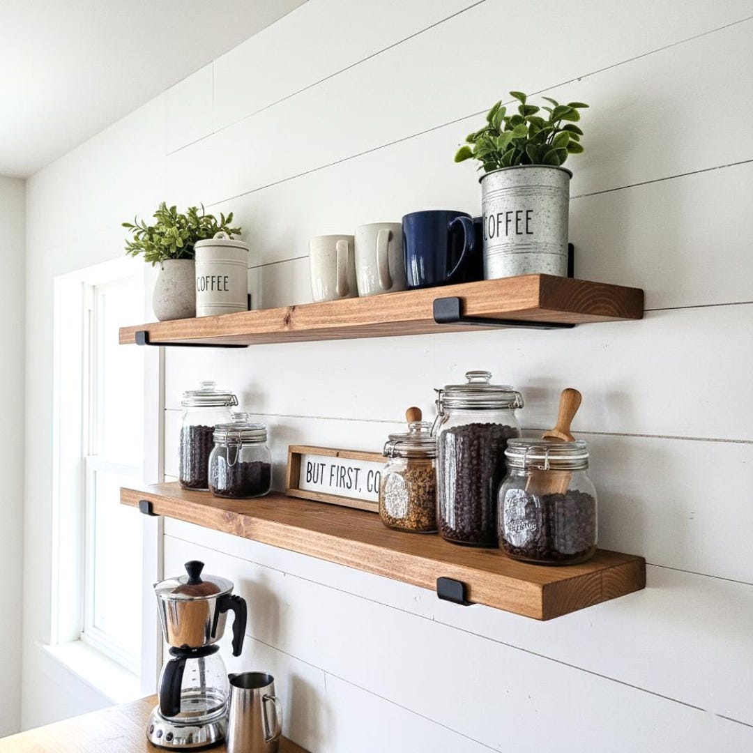 Coffee Bar Shelves, SET OF TWO – Solid Wood Wall Shelving for Café ...