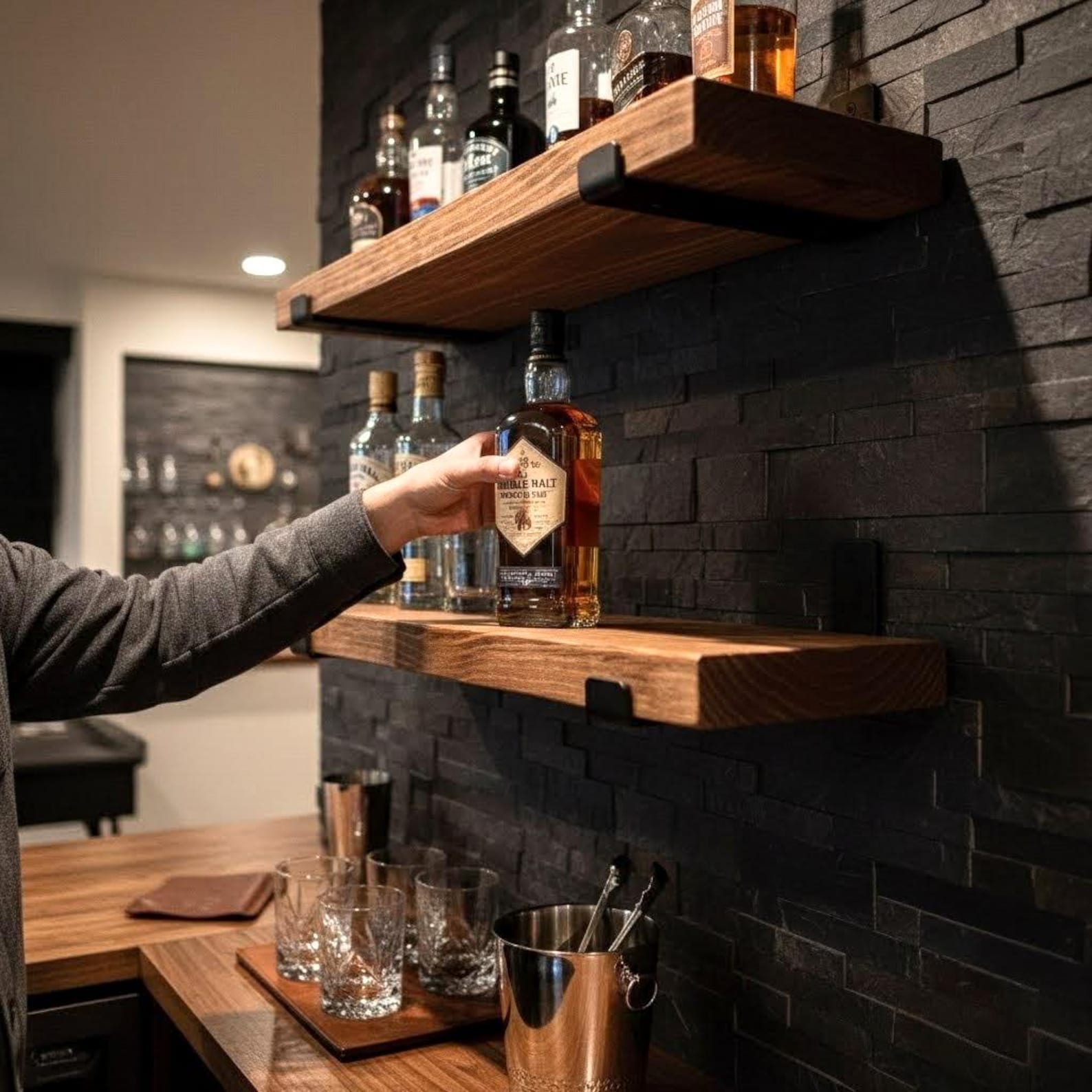 SET OF 2 Home Bar Floating Shelves – Solid Wood Liquor & Whiskey ...