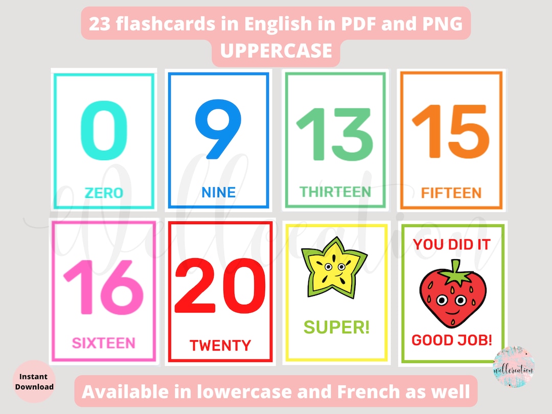 0-20 Number Flash Cards in English Uppercase, Preschool Printable ...