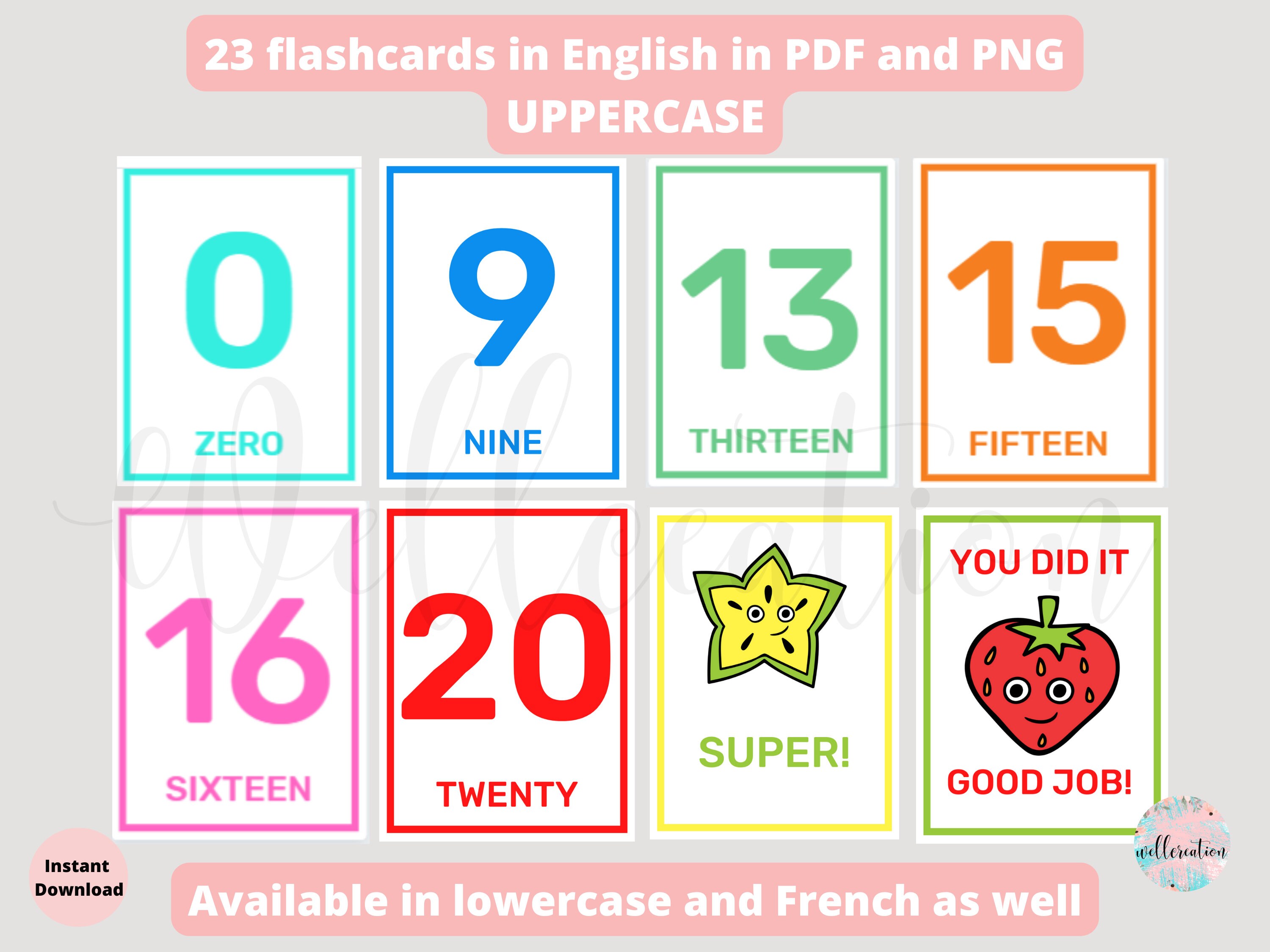 0-20 Number Flash Cards in English Uppercase, Preschool Printable ...