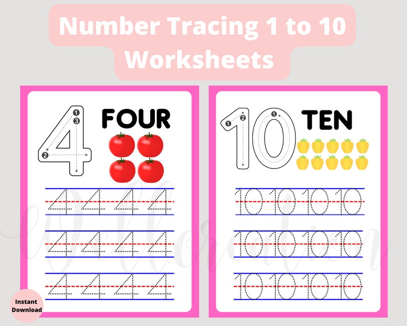 Number Tracing 1 to 10 Worksheet in Pink, Math Worksheet Printable for ...