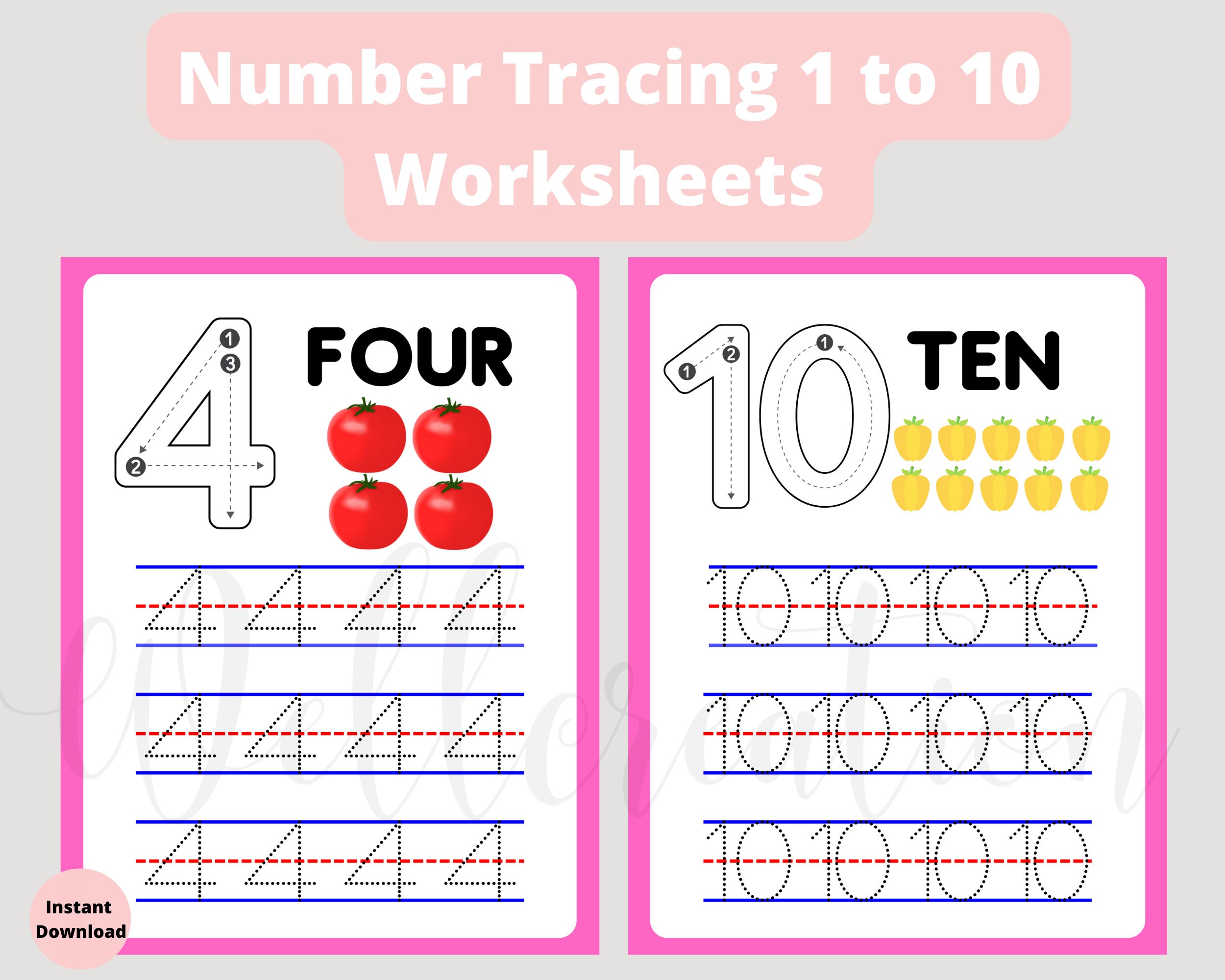 Number Tracing 1 to 10 Worksheet in Pink, Math Worksheet Printable for ...
