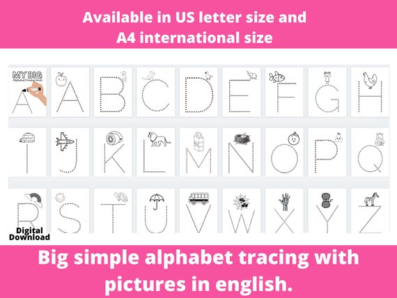 Big Simple Alphabet Tracing With Pictures Uppercase Alphabet | Etsy