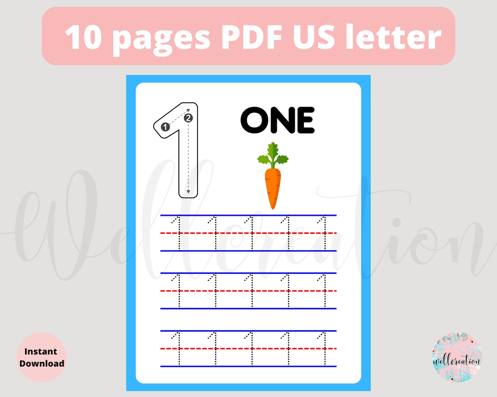 Number Tracing 1 to 10 Worksheet in Blue, Math Worksheet Printable for ...