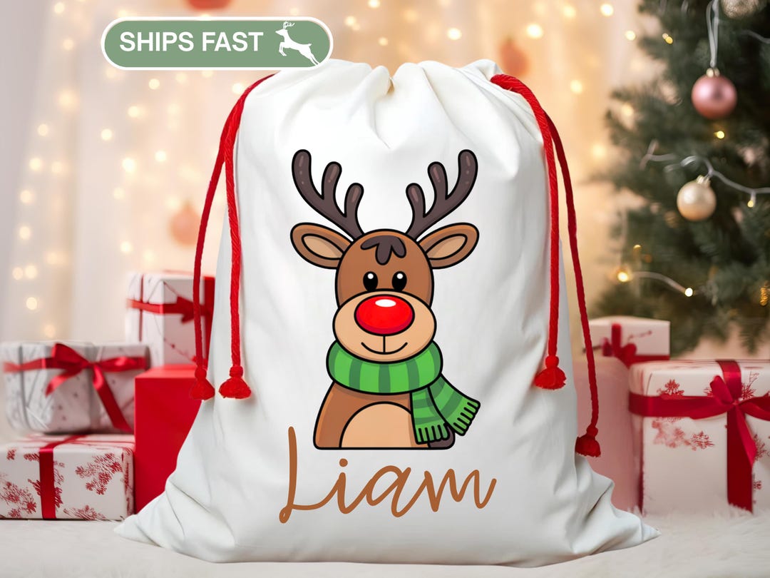 Personalized Rudolph Gift Bag, Custom Name Xmas Treat Bag, Holiday ...