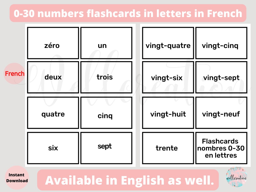 0-30 Numbers in Letters Flashcards Printable in French, Math, Preschool ...