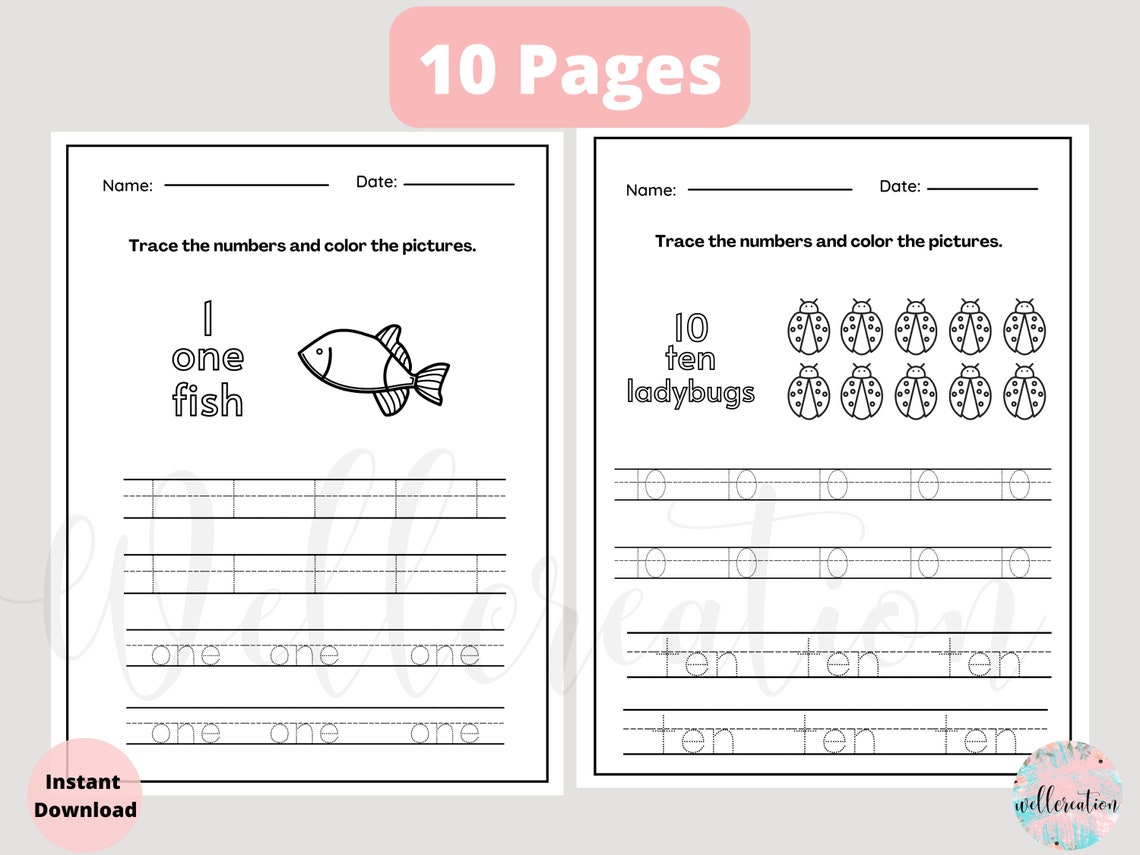 Number Tracing and Picture Coloring Printable Worksheets 1 to 10 ...