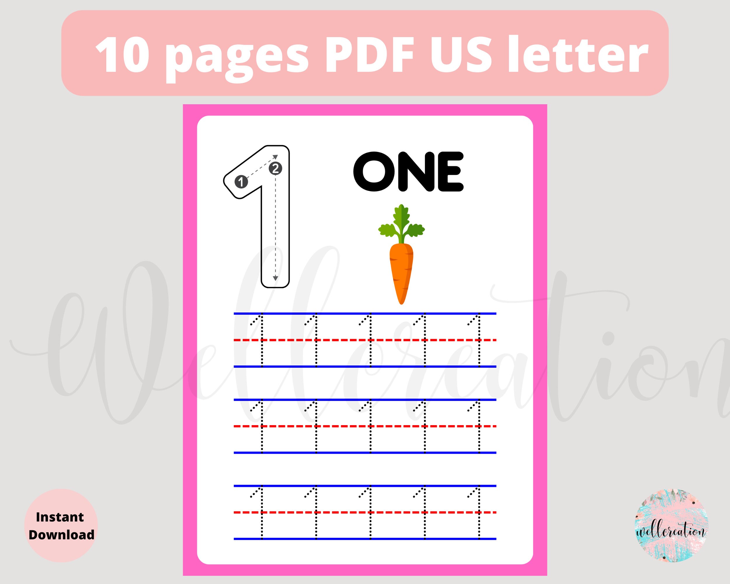Number Tracing 1 to 10 Worksheet in Pink, Math Worksheet Printable for ...