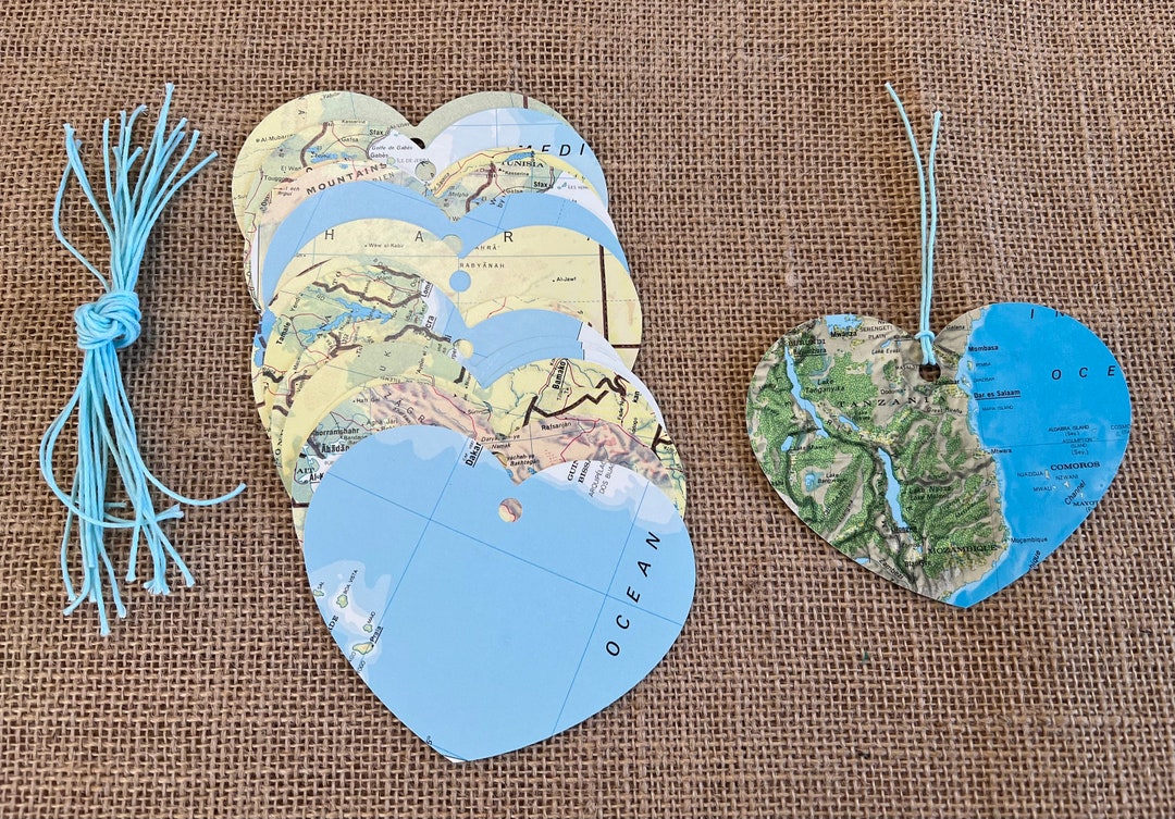 Die Cut Map Heart Tags, Vintage Map Heart Tags With String lof of 16 ...
