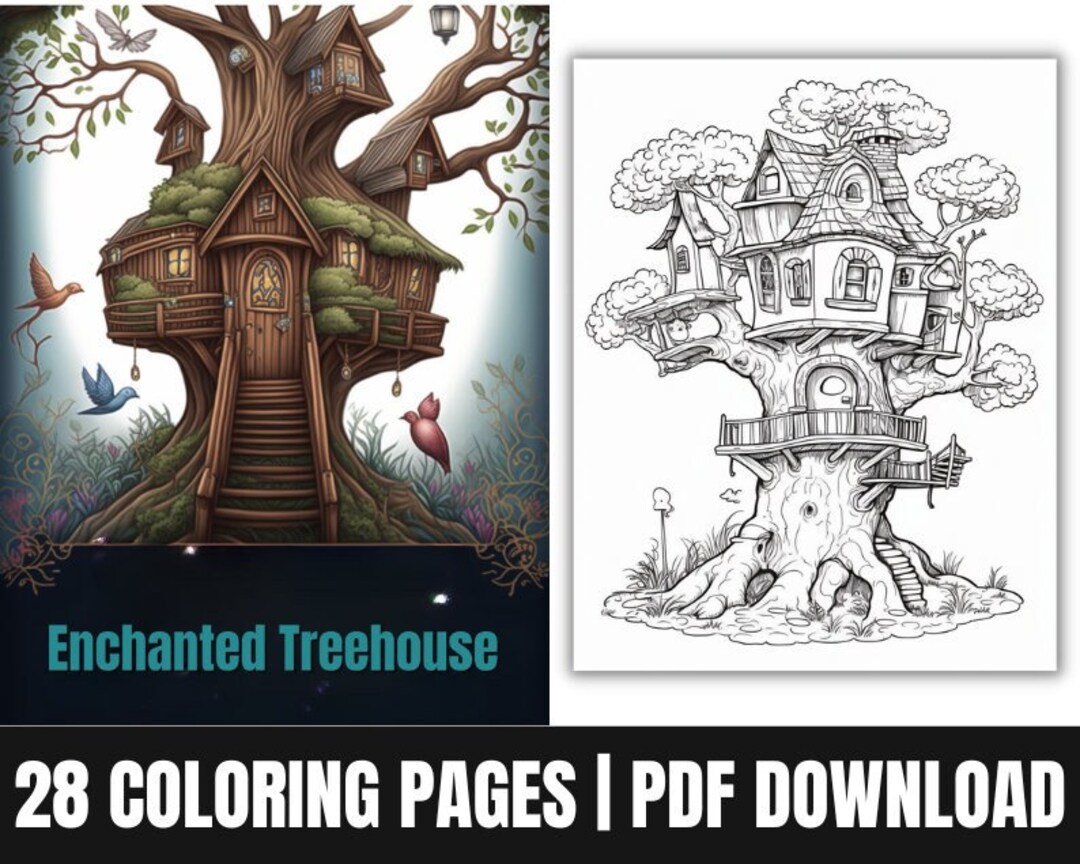 Enchanted Treehouse Coloring Pages 28 Digital Coloring Pages - Etsy