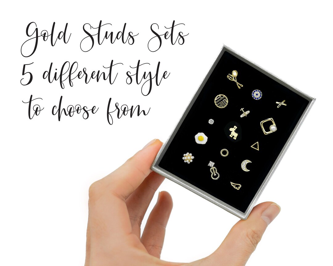 Gold Stud Earrings Set, Mini Stud Earring Set, Mix & Match Studs, Gift ...