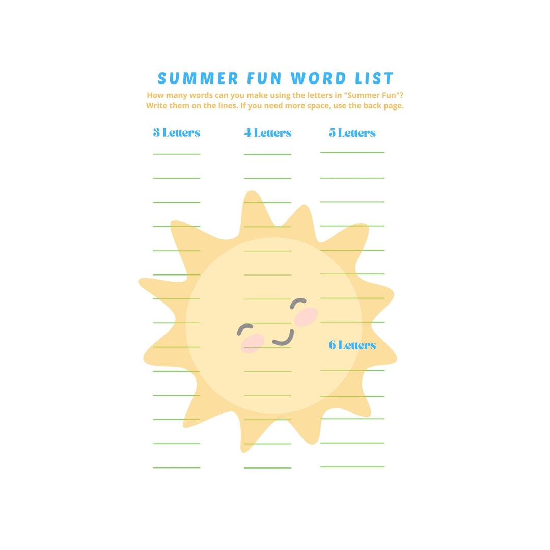 Summer Fun Word List Printable, Instant Download Print at Home Digital ...