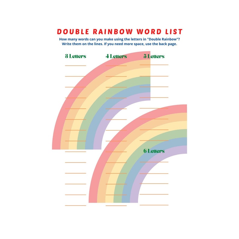 Rainbow Word List Printable, Instant Download Print at Home Digital ...