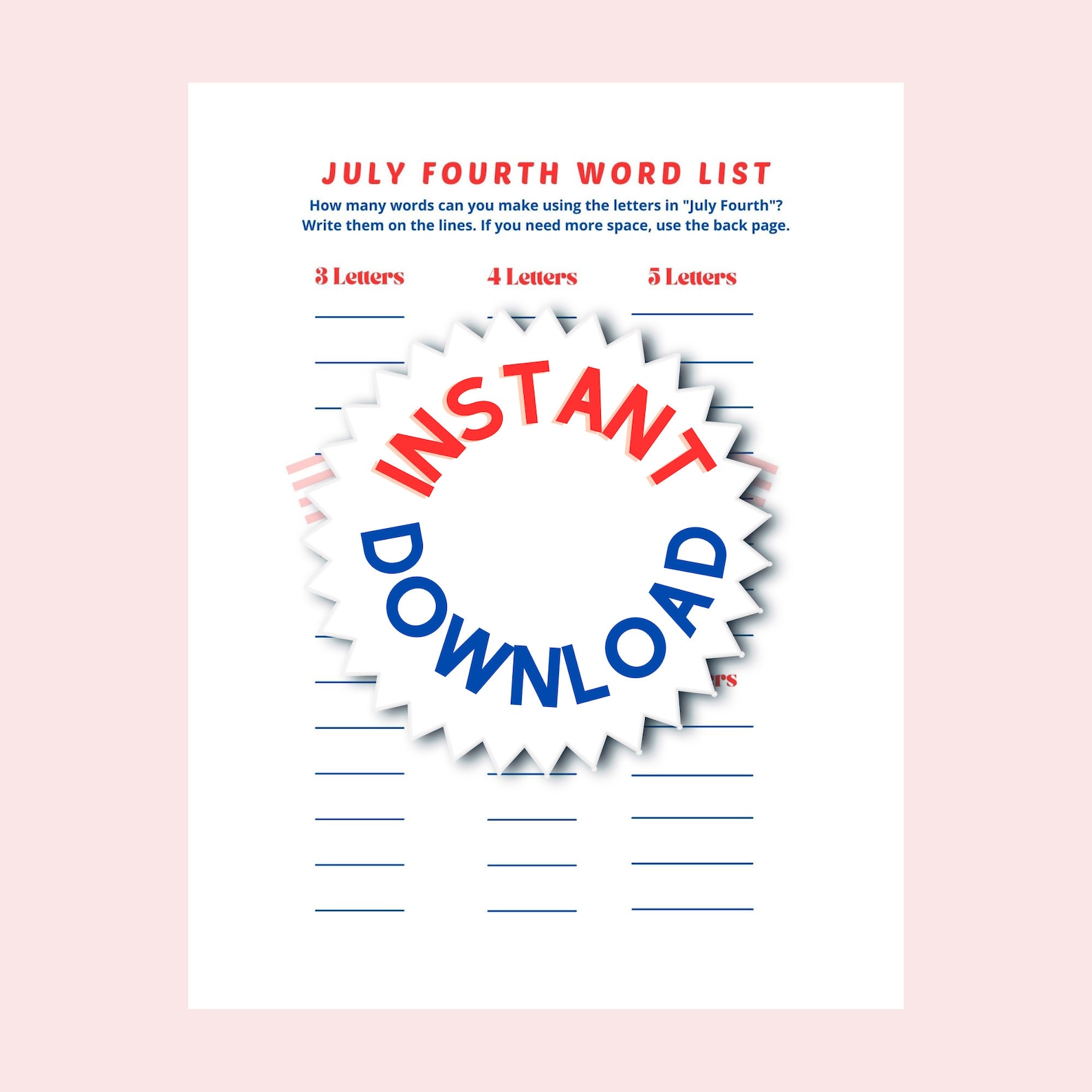 July Fourth Word List Printable, Instant Download Print at Home Digital ...