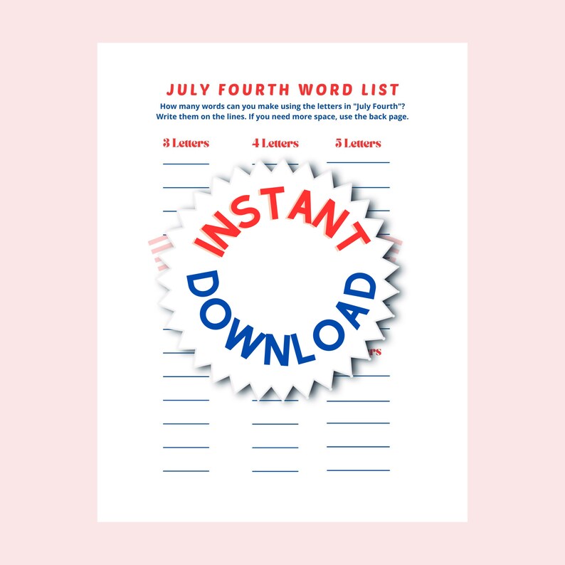 July Fourth Word List Printable, Instant Download Print at Home Digital ...